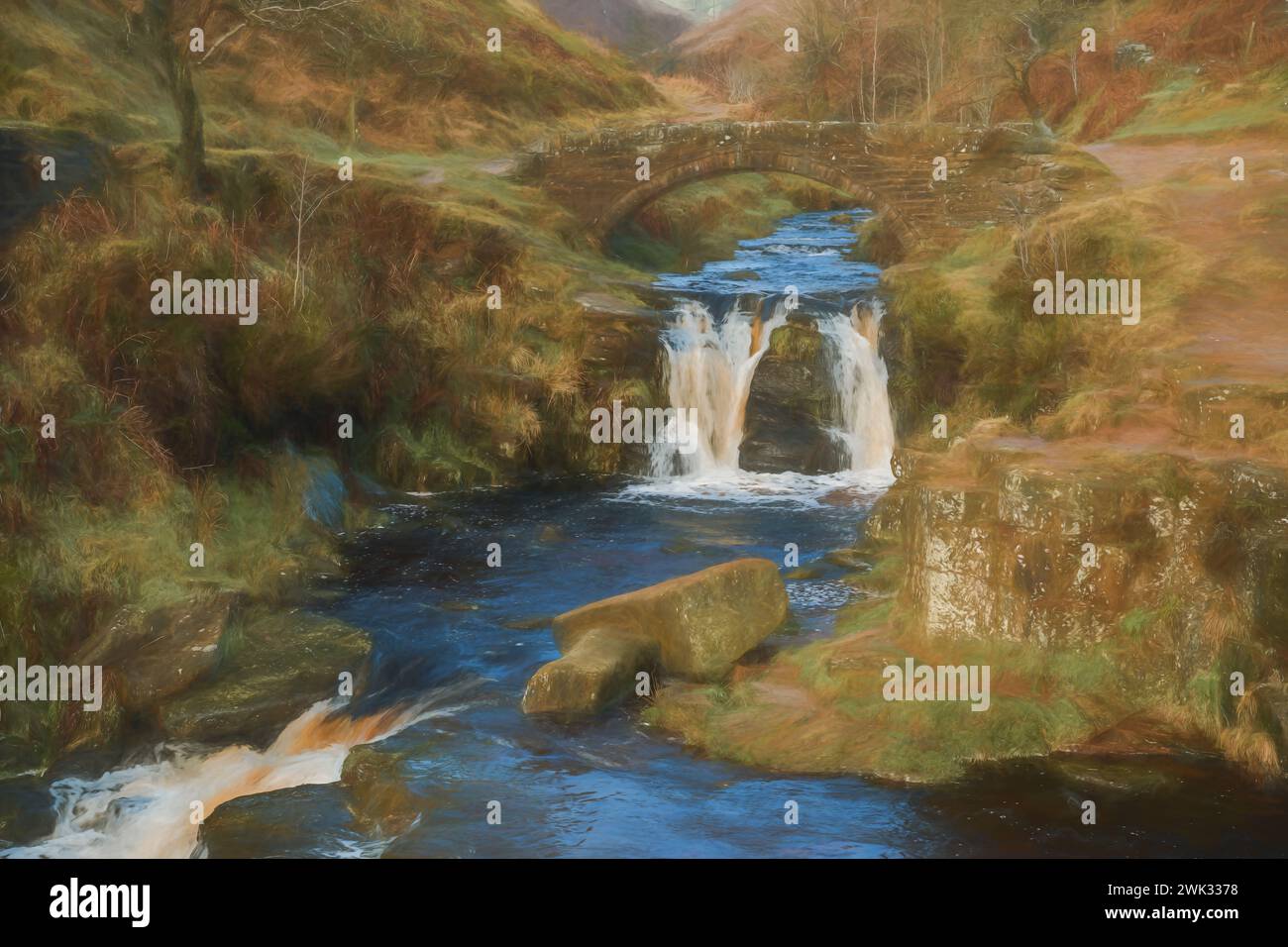 Digital oil painting of a rural landscape scene. Three Shire Heads in ...