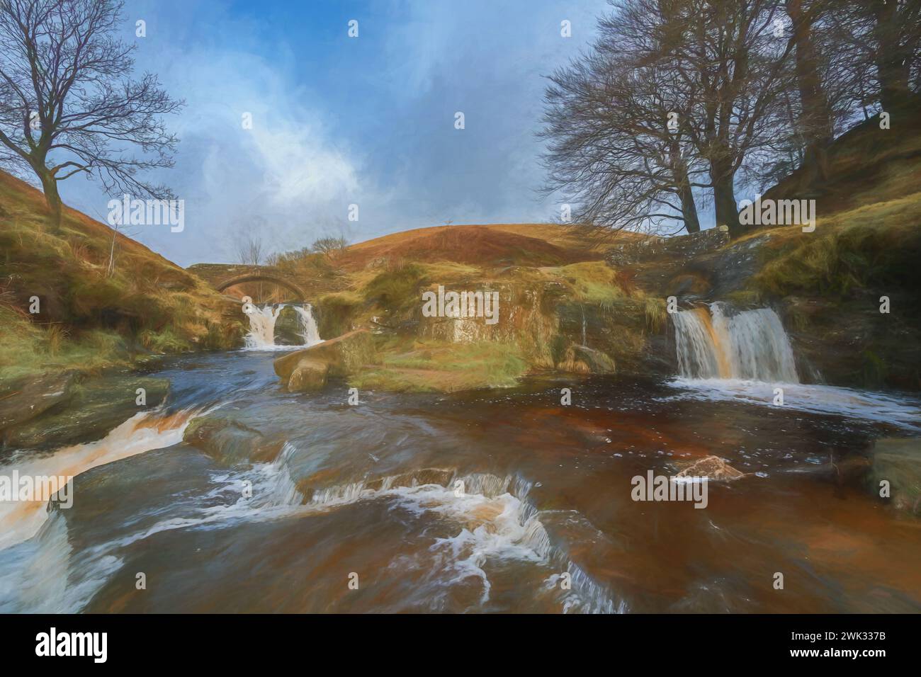 Digital oil painting of a rural landscape scene. Three Shire Heads in ...