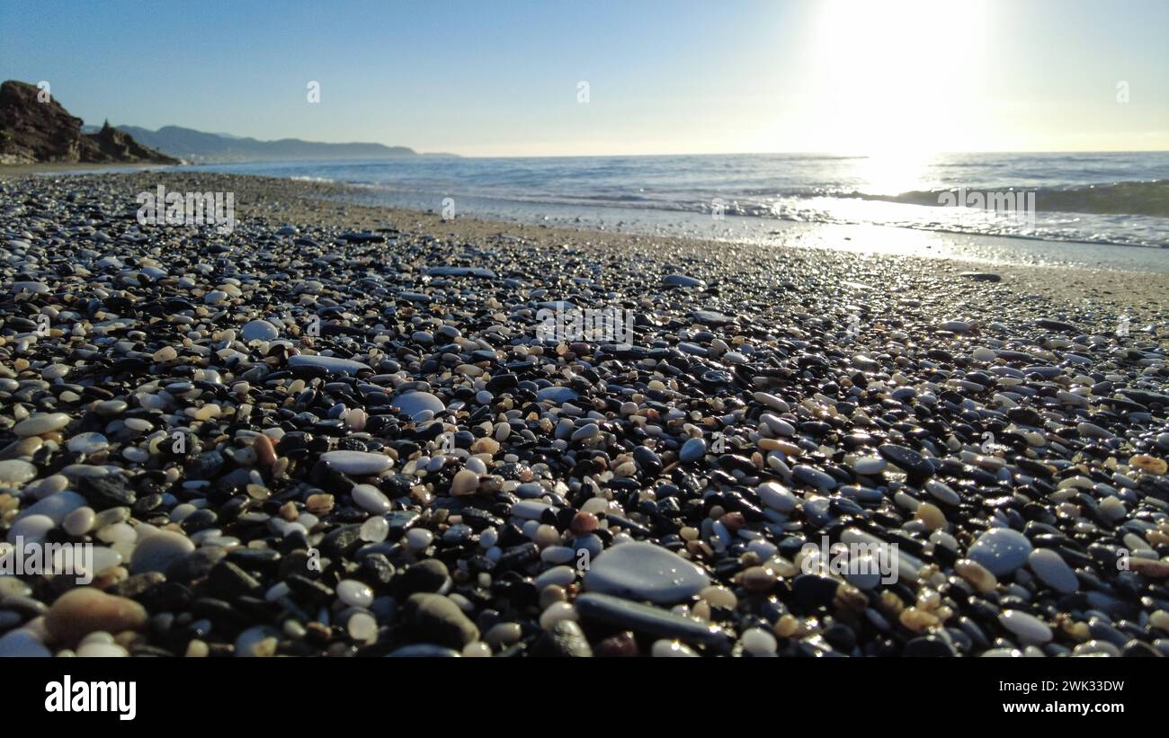 Travel spain andalusia beach Background pebble beach close up in torrox ...
