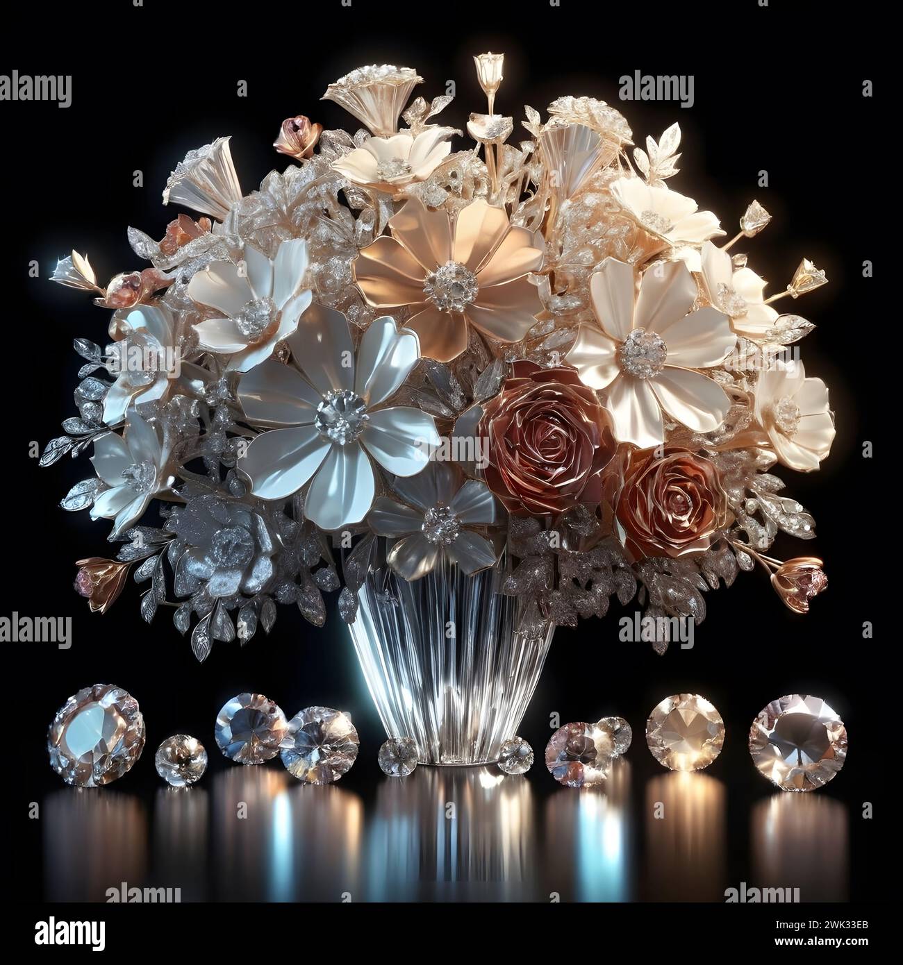 realistic image of a bouquet of flowers made of diamonds on white ...