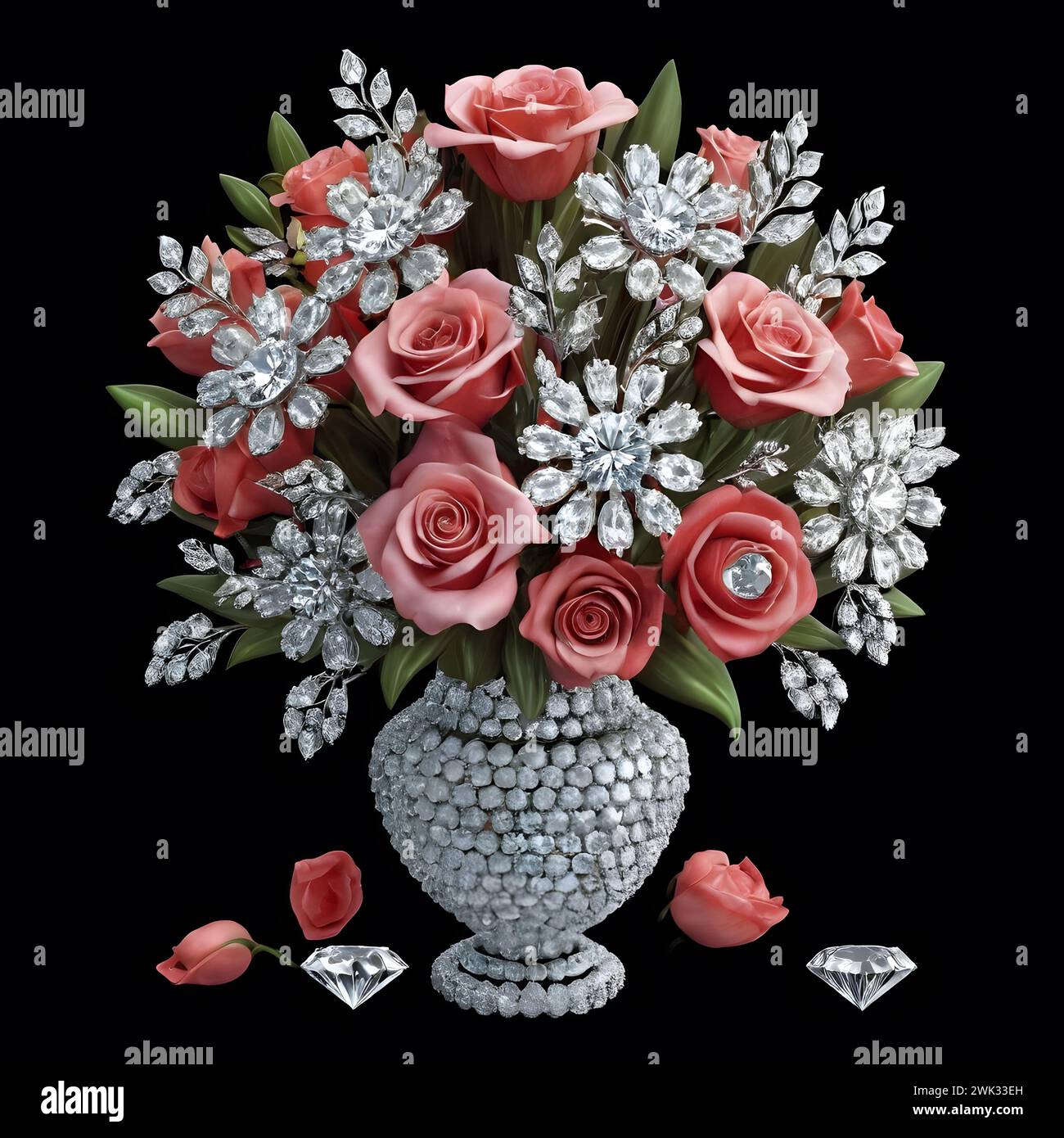 realistic image of a bouquet of flowers made of diamonds on white ...