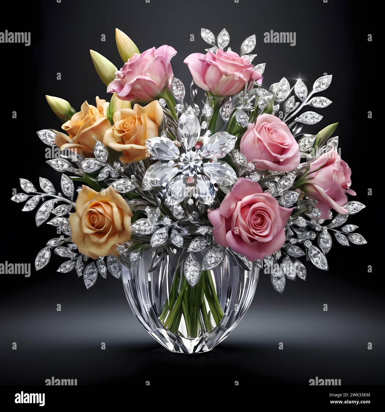 realistic image of a bouquet of flowers made of diamonds on white ...