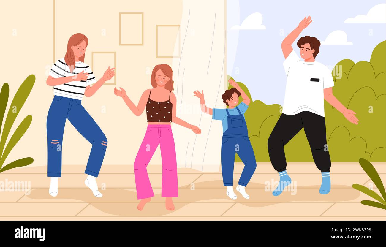 Happy family people dance in cozy home interior, enjoy music. Young ...