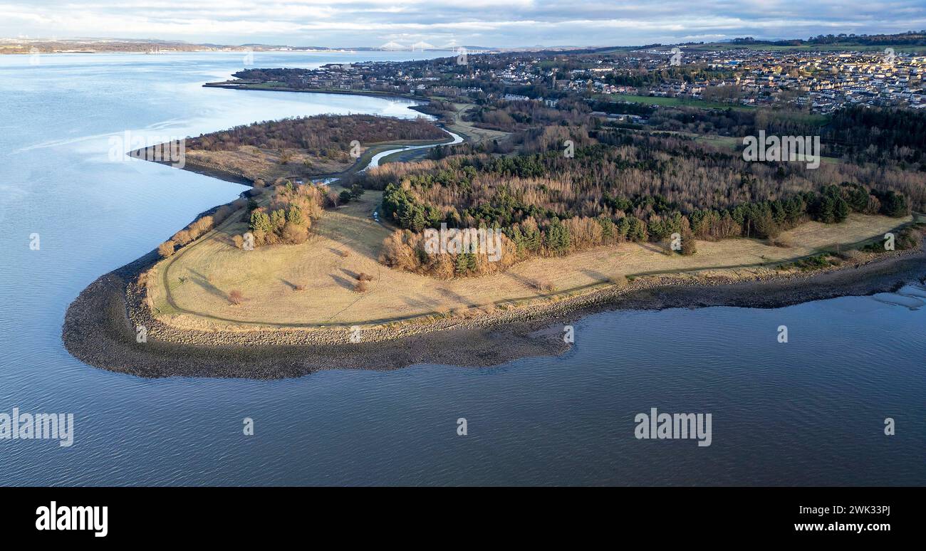 Aerial view of Kinneil Nature Reserve on the shore of the river Forth ...
