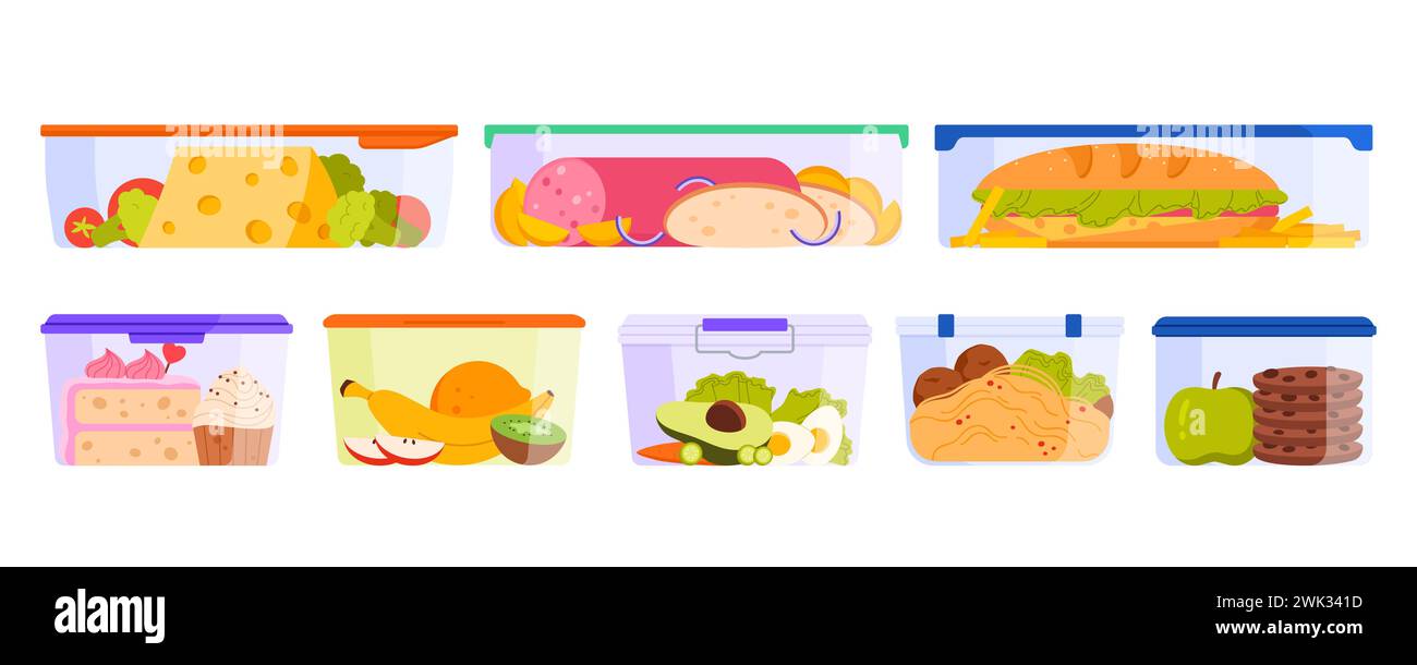 Plastic food containers set. Transparent rectangular boxes with lid ...