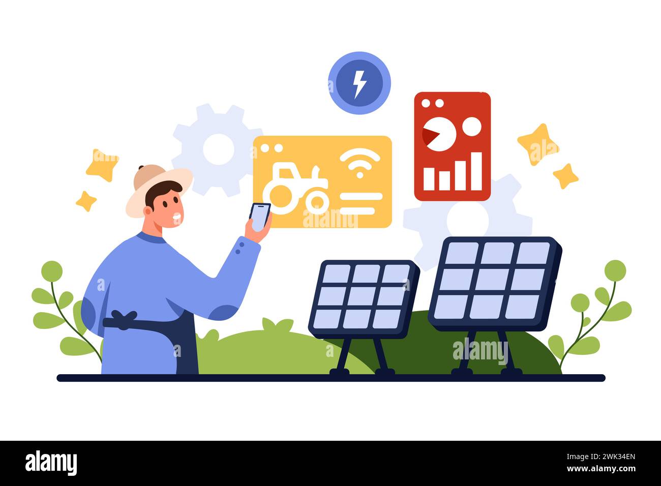 Automation of agriculture and future smart farm technology. Tiny man ...