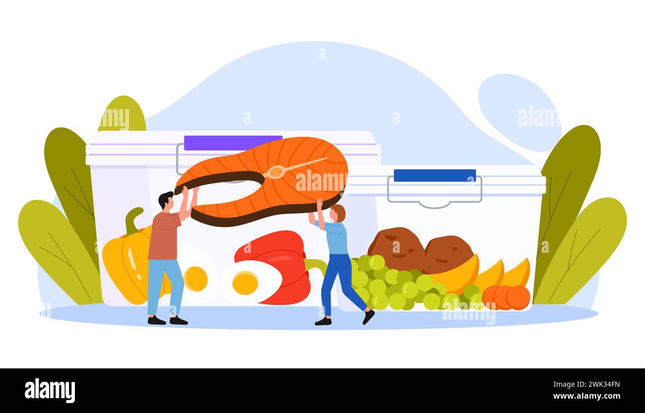 Plastic containers for food storage in fridge. Tiny people holding ...