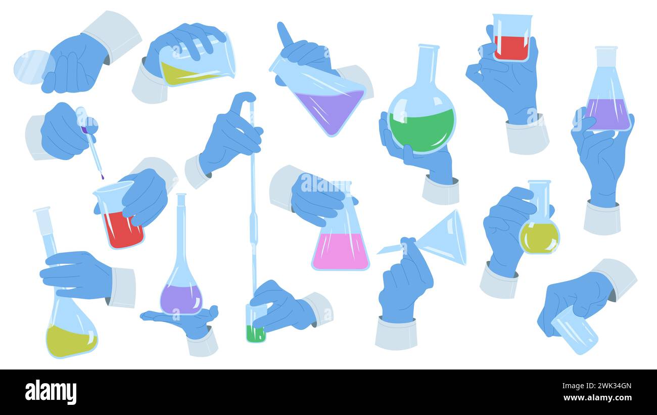 Hands of scientists holding laboratory test tubes and beakers set ...