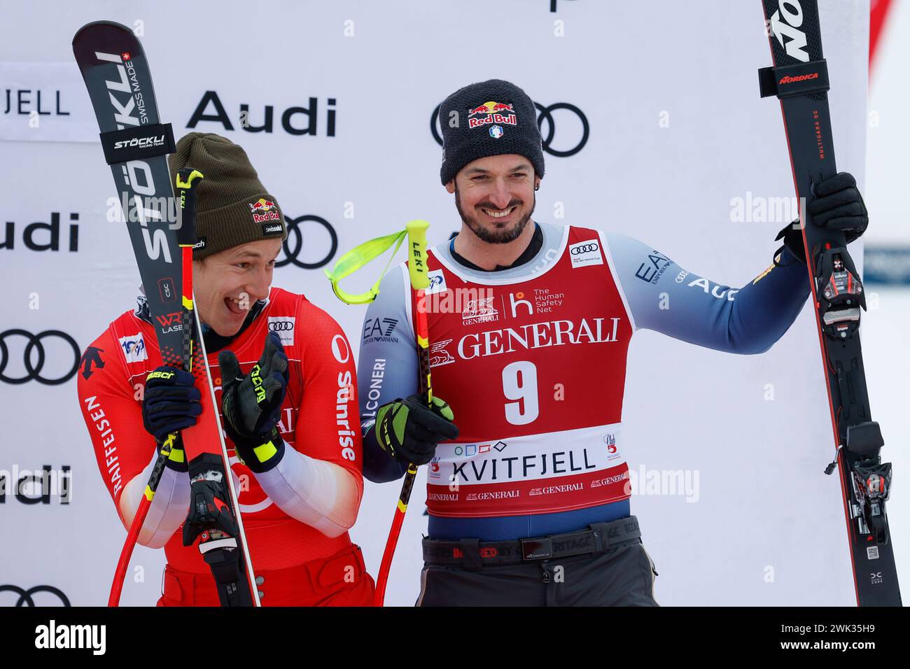 Switzerland's Marco Odermatt, left, and Italy's Dominik Paris celebrate ...