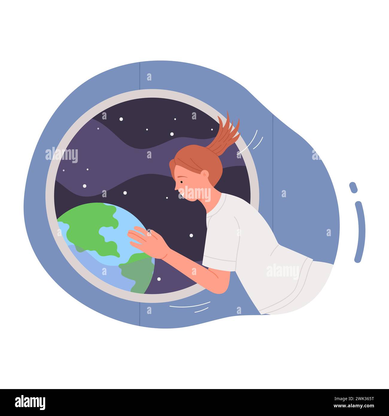 Girl looking at earth from spacecraft. Solar system research, astronomy science cartoon vector ...