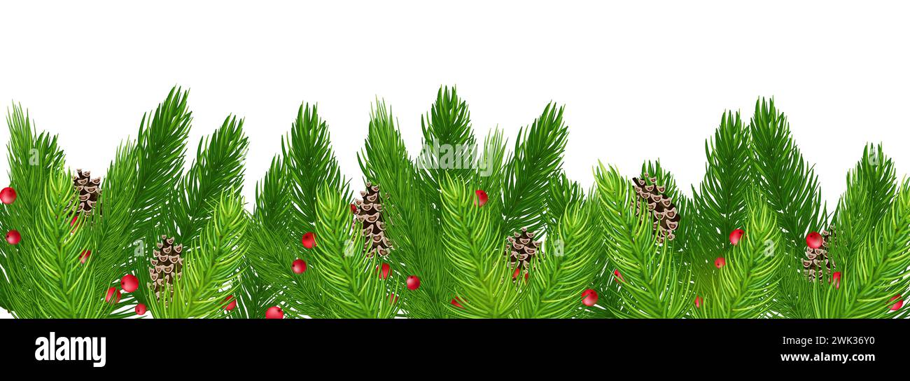a wide garland of fir branches, cones and red berries. New Year's and ...