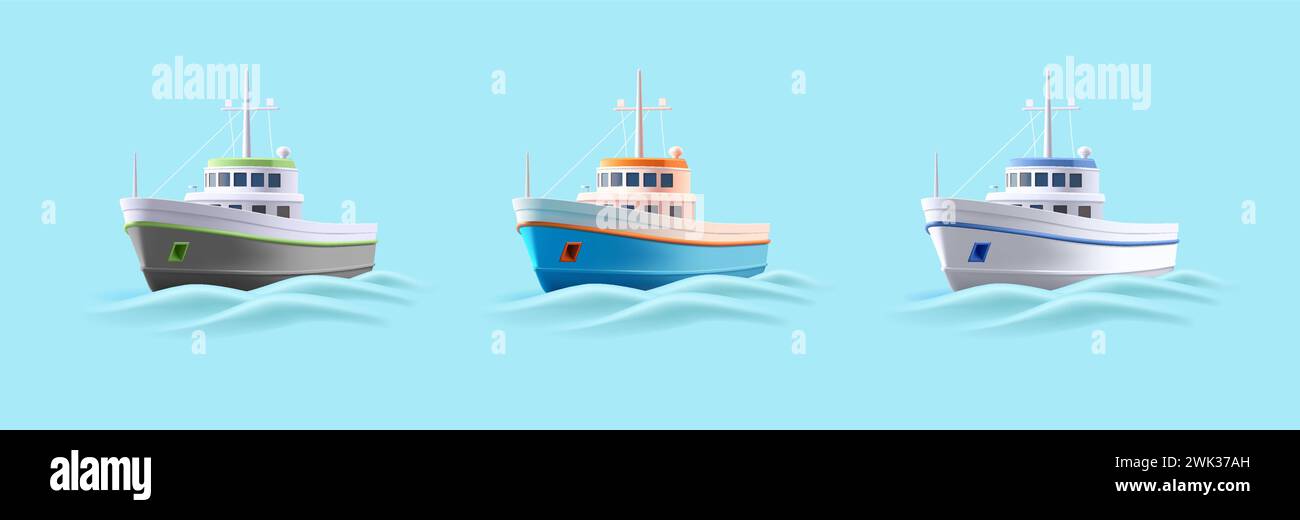 3d realistic fishing boat set of cartoon illustrations of vessel with ...