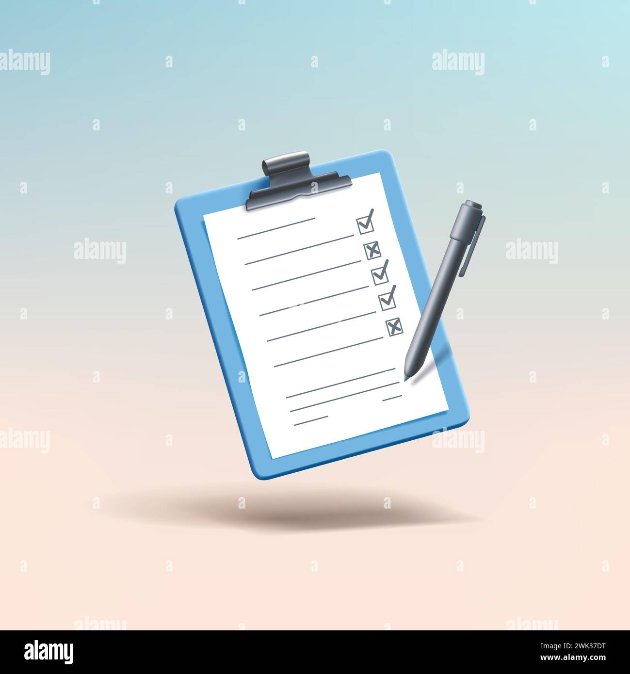 3d blue checklist on clipboard, application with check marks and pen ...