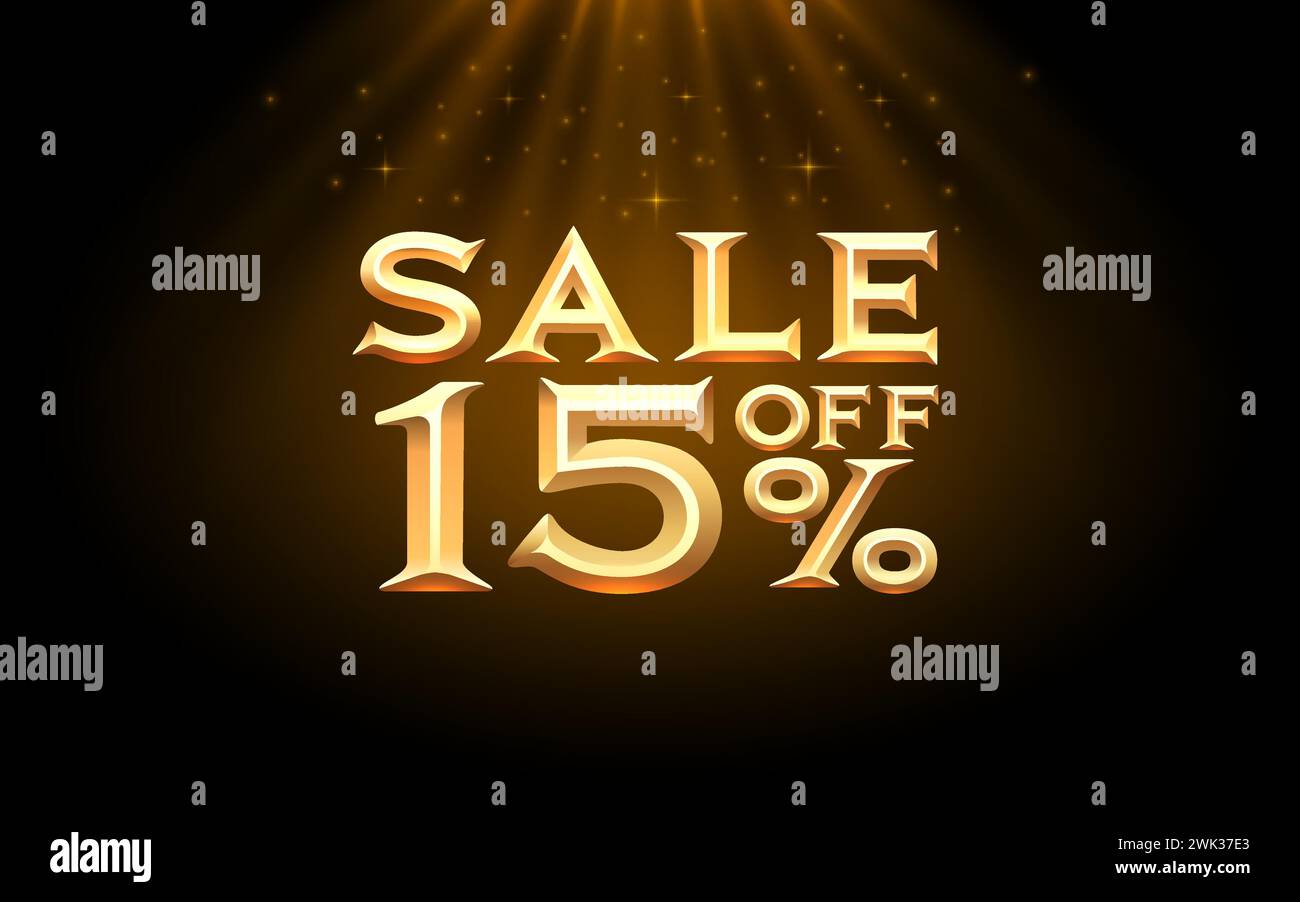 Sale off 15 percent, offer banner. Gold letters on a black background ...