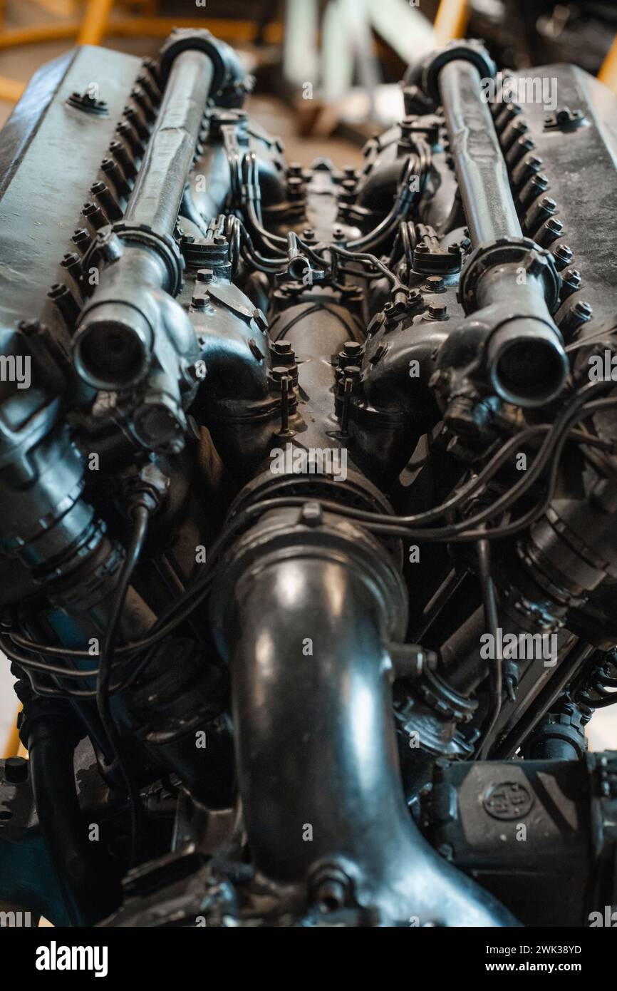 Old propeller plane engine, antique aircraft metal mechanical parts of ...