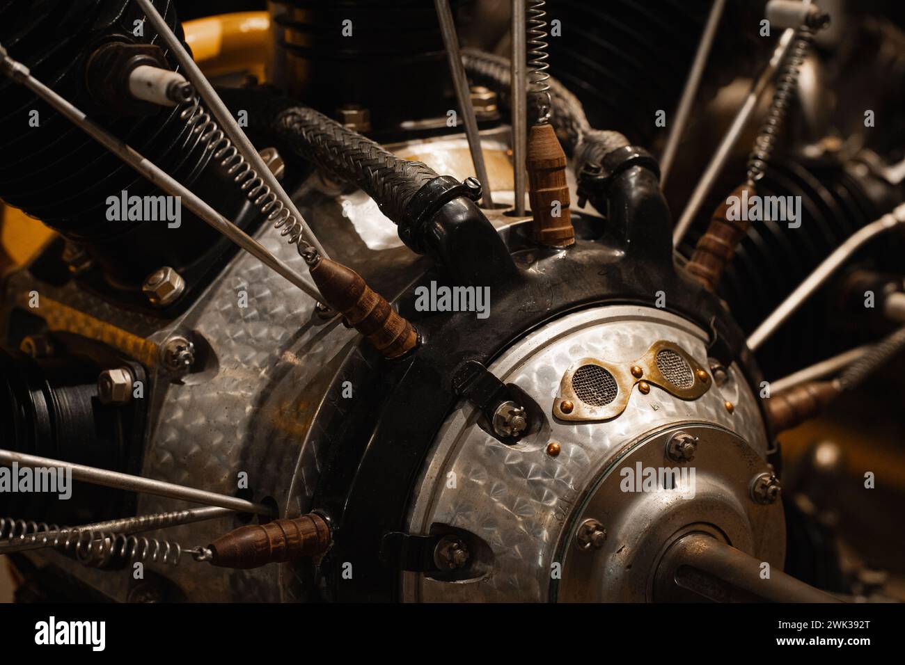 Old mechanic plane engine, historic retro radial motor part with ...