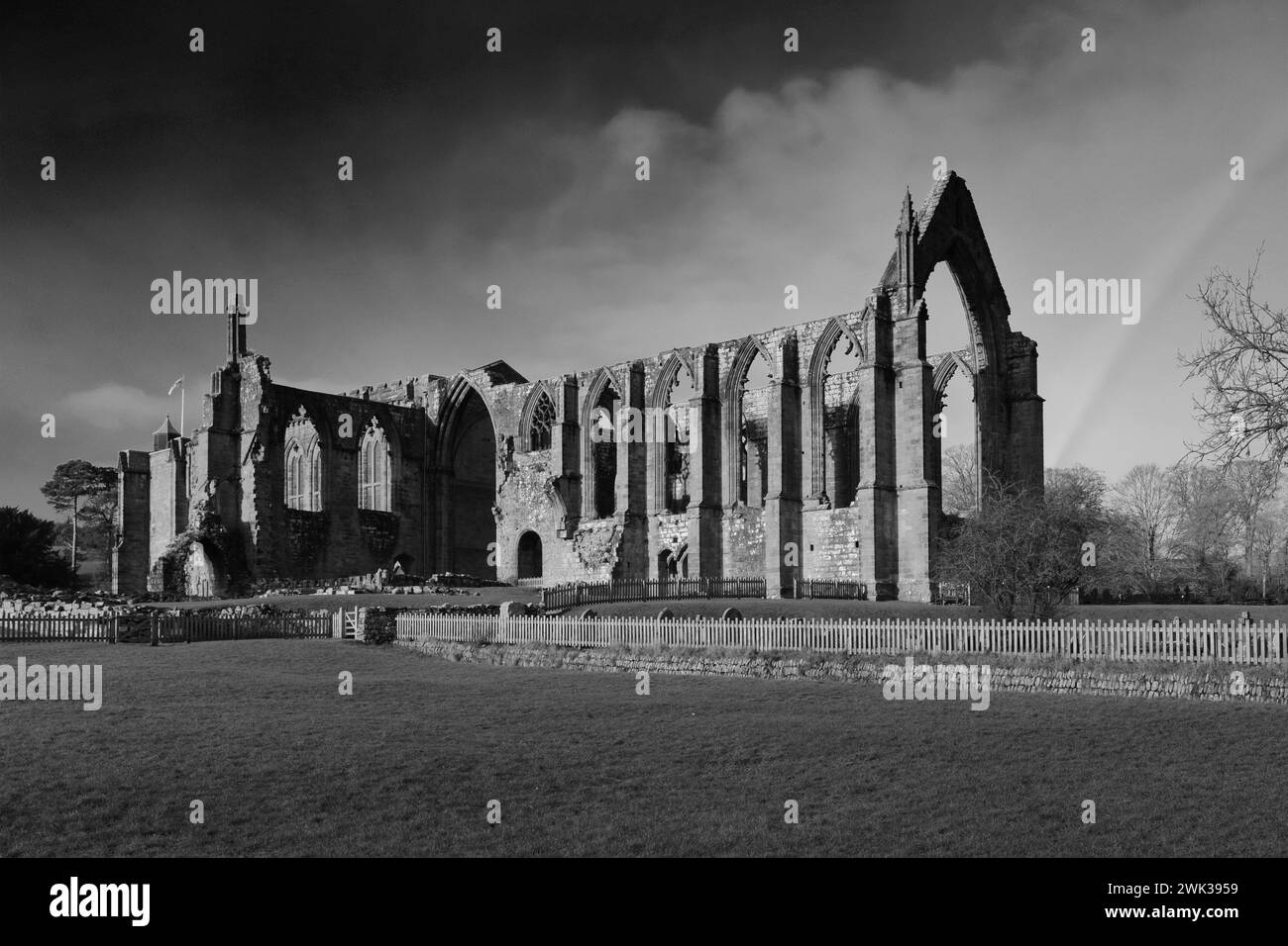 The ruins of the 12th Century Bolton Abbey Priory, river Wharfe ...