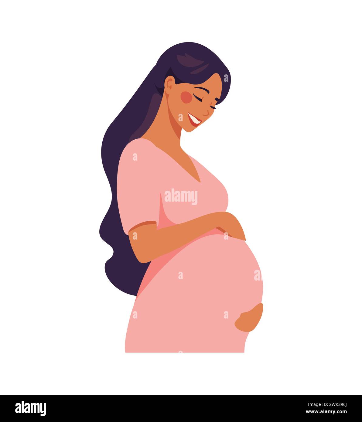 A contented pregnant woman in a pink dress tenderly holds her belly, a ...
