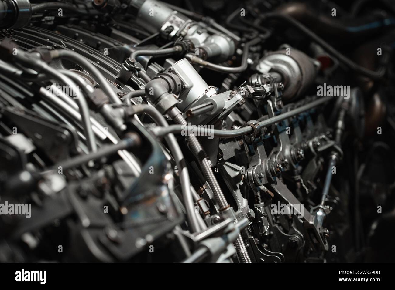 Old propeller aircraft inside, closeup of small metal vintage classic ...