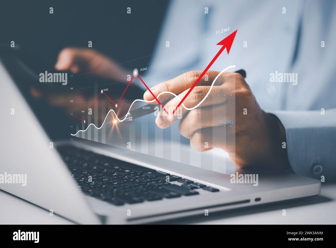 Businesswoman pointing virtual technical graph, chart for analysis ...