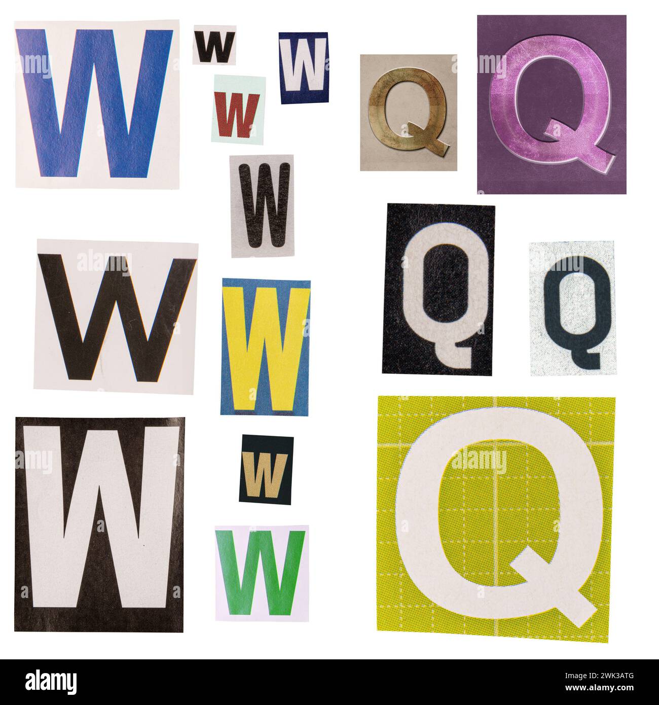 Letter W and Q cut out from newspapers, isolated on white background ...