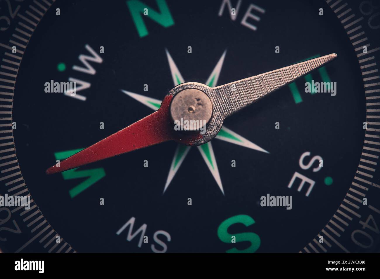 Dial compass in closeup, arrow indicates direction west Stock Photo - Alamy