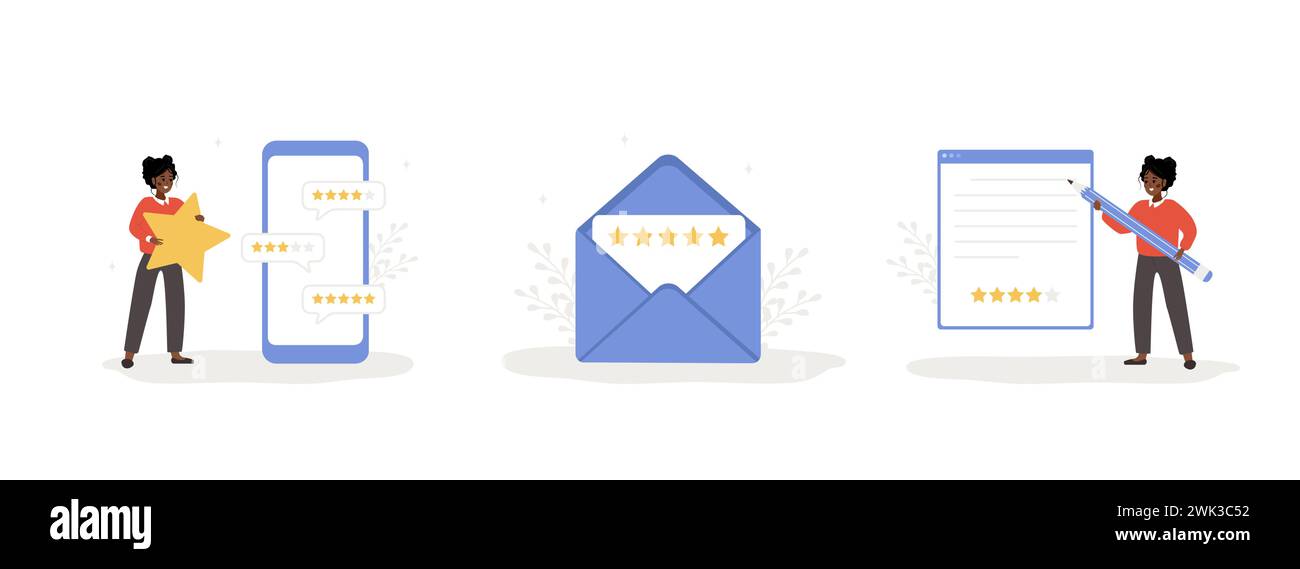 Set of customer review concept. African women giving five stars rating ...