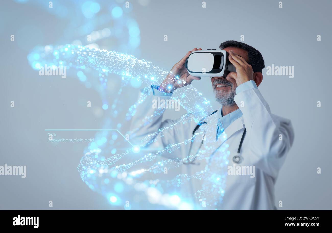 Mature doctor geneticist with stethoscope and vr glasses Stock Photo ...