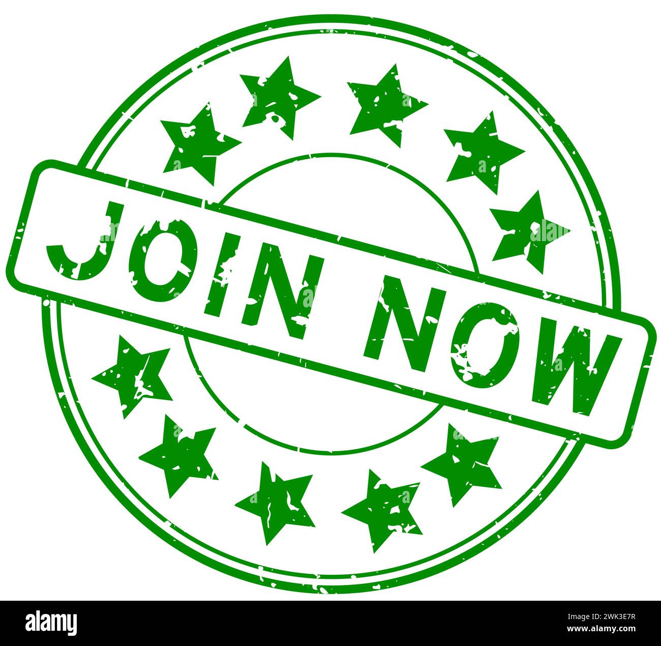 Grunge green join now word with star icon round rubber seal stamp on ...