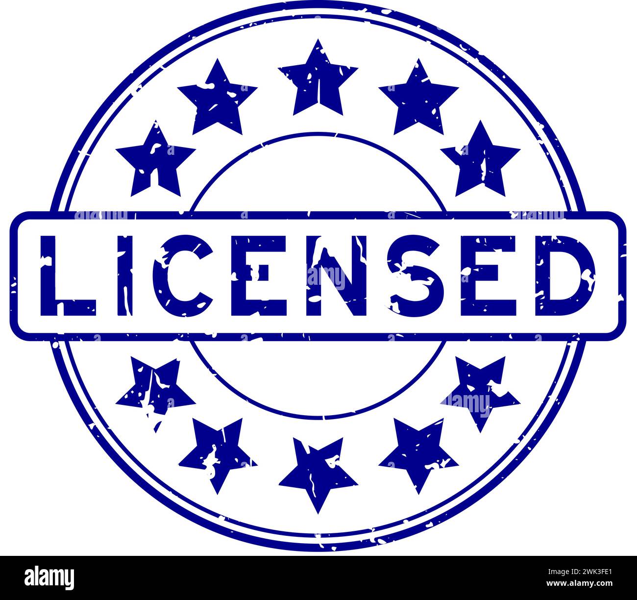 Grunge blue licensed word with star icon round rubber seal stamp on white background Stock ...