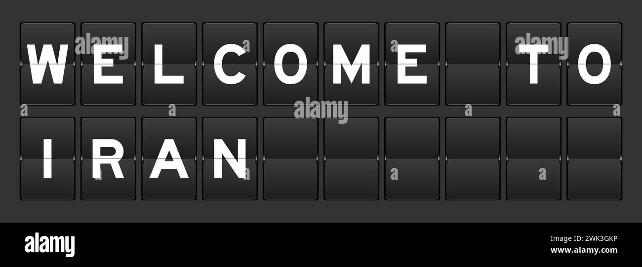 Black color analog flip board with word welcome to iran on gray ...