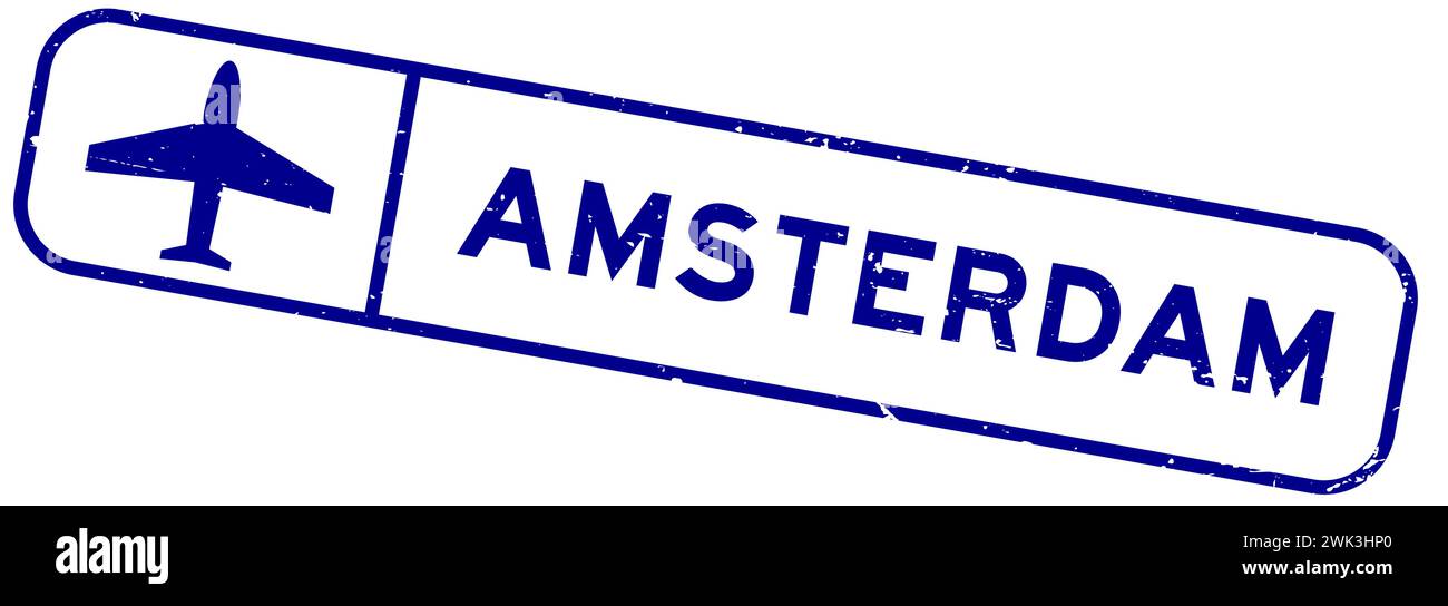 Grunge blue amsterdam word with plane icon square rubber seal stamp on ...