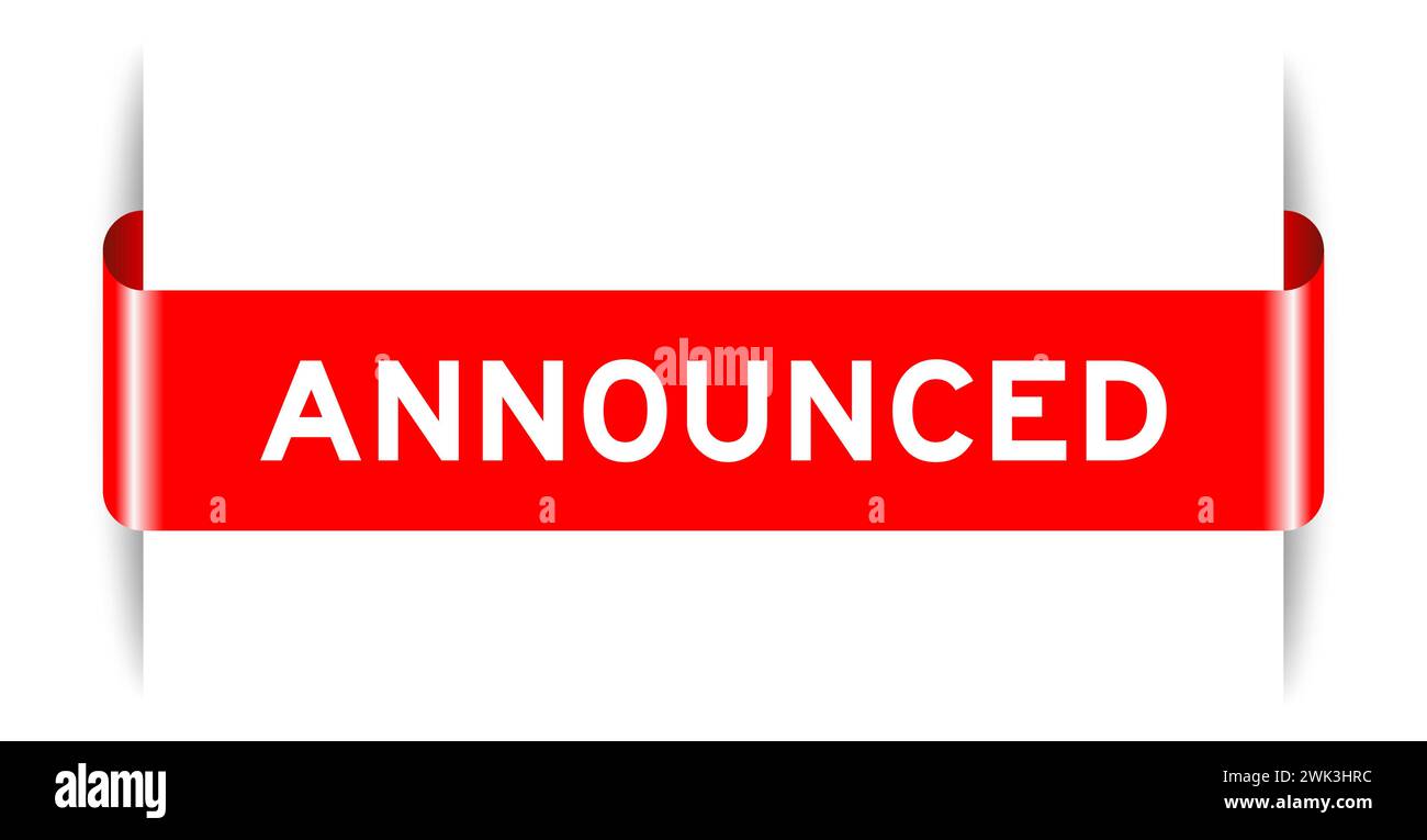 Red color inserted label banner with word announced on white background ...
