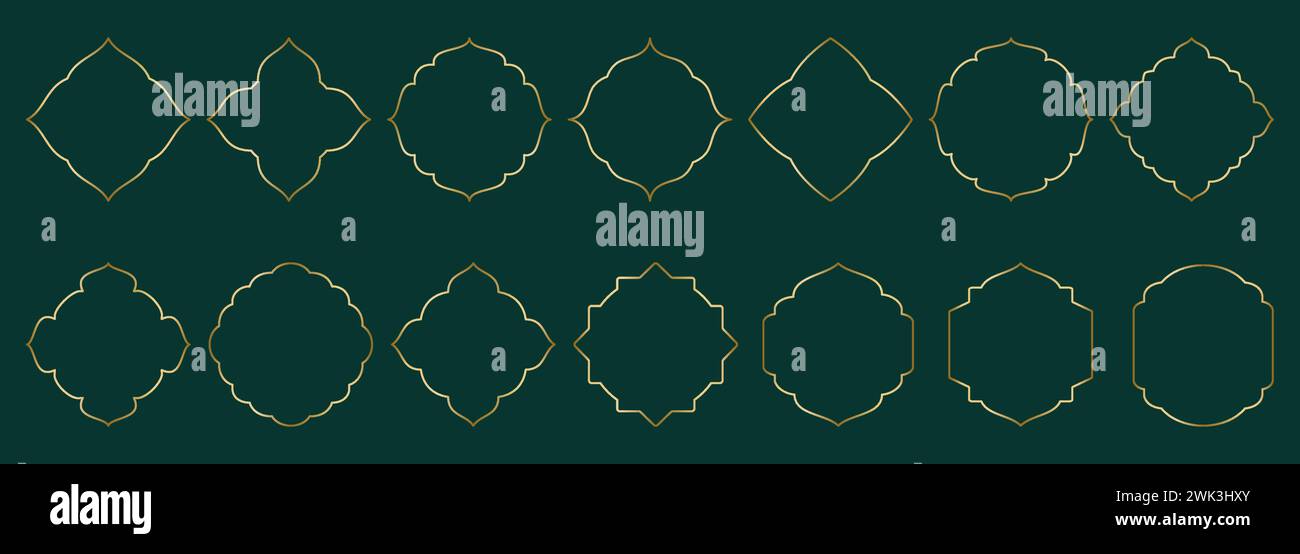 Gold geometric ornamental frame, round and square shapes Islamic window ...