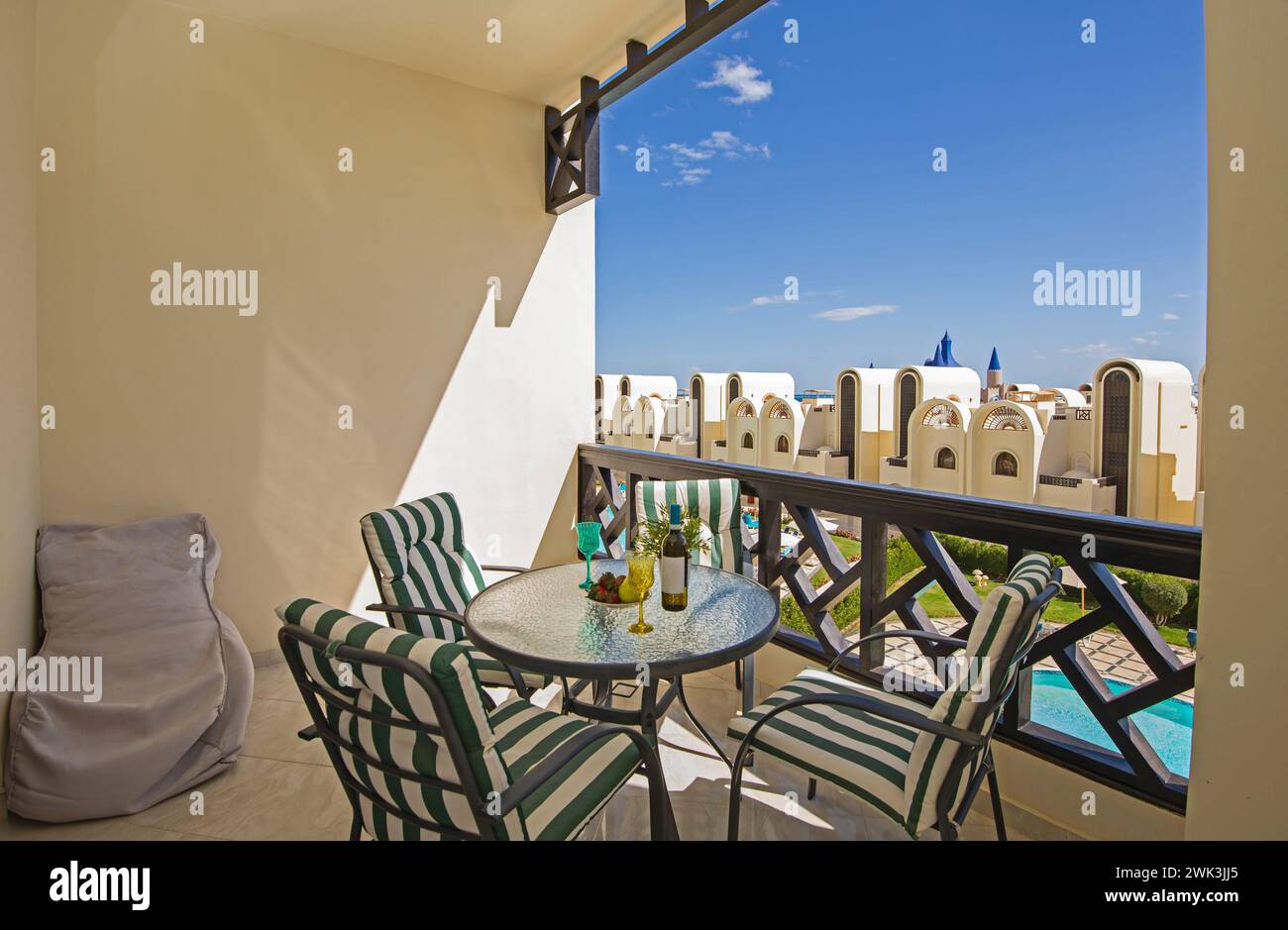 Terrace furniture of a luxury apartment in tropical resort with ...