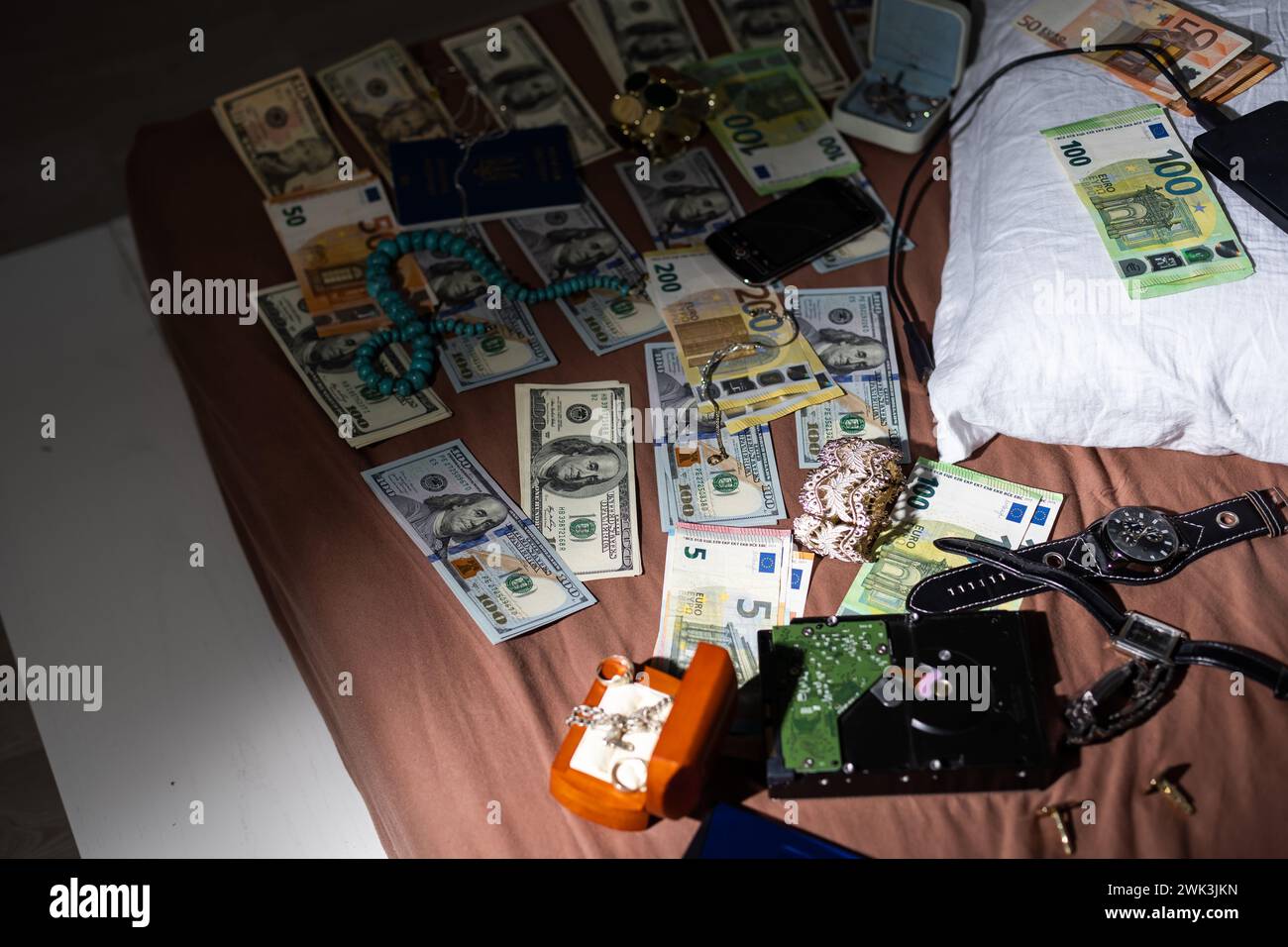 Flat lay composition with evidences and crime scene markers on ...