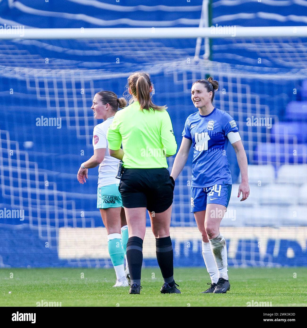 Birmingham, UK. 18th Feb, 2024. Referee Aimee Kerr speaks to Birmingham ...