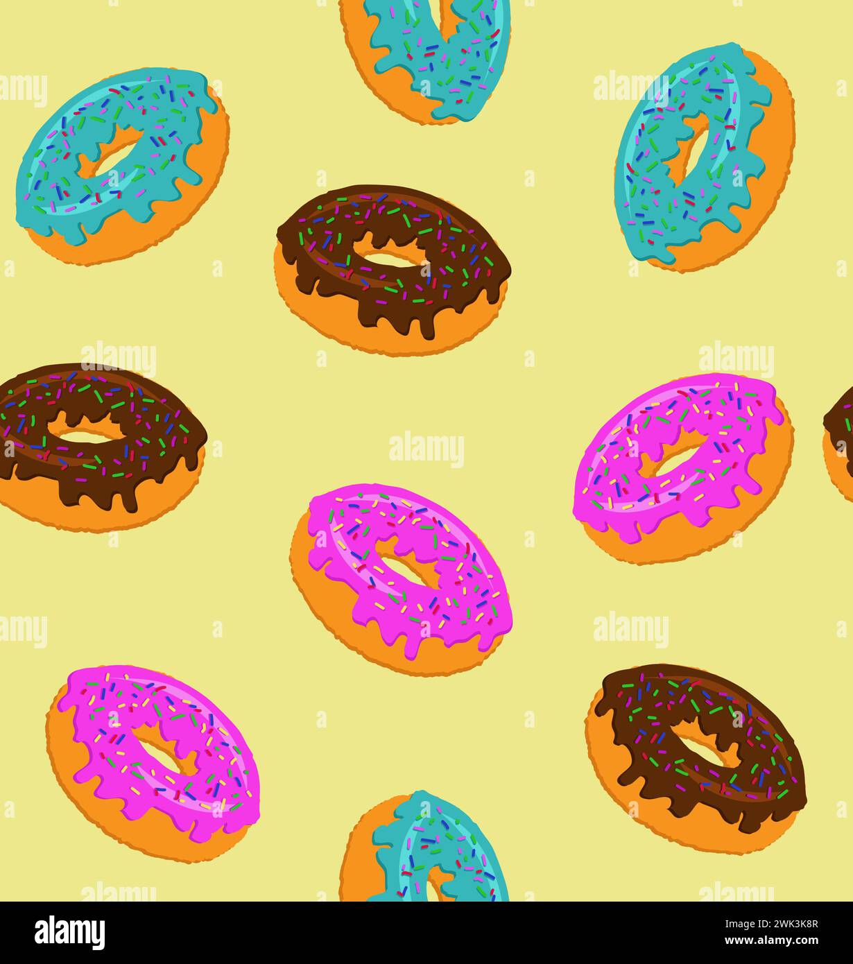 Delicious donuts with different frosting on a yellow background. The ...