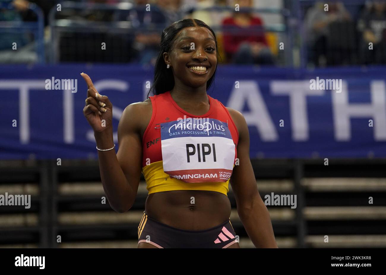 Ama Pipi after winning the Women's 200m Final during day two of the 2024 Microplus UK Athletics ...