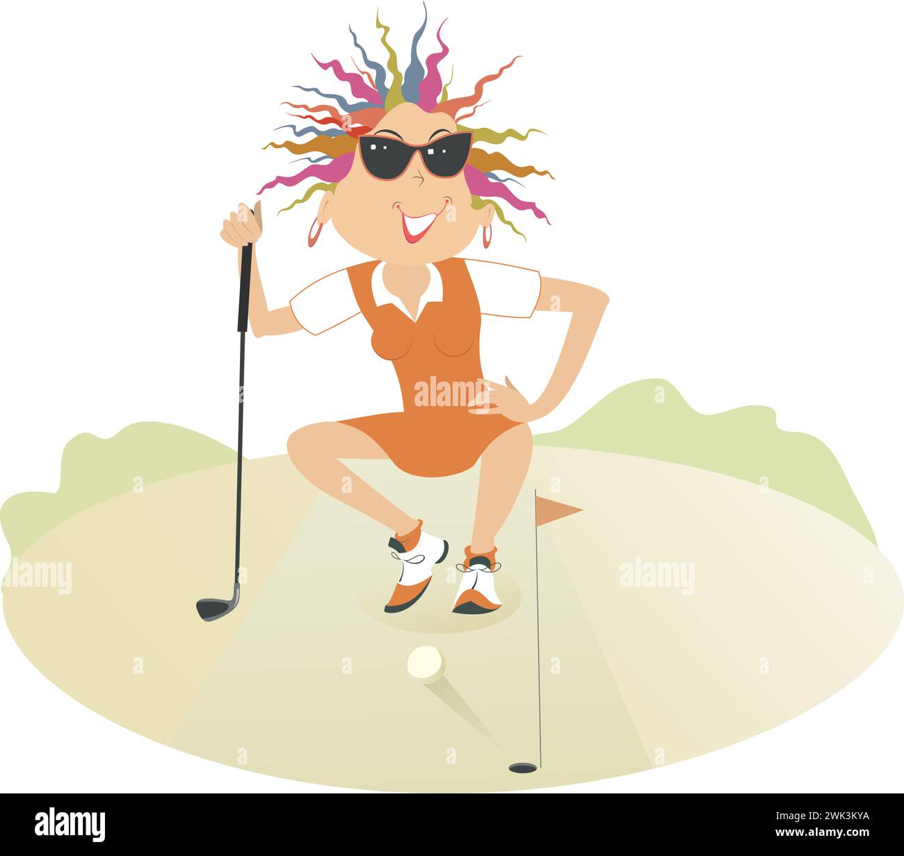 Golfer woman on the golf course. Golf course. Cartoon young golfer ...