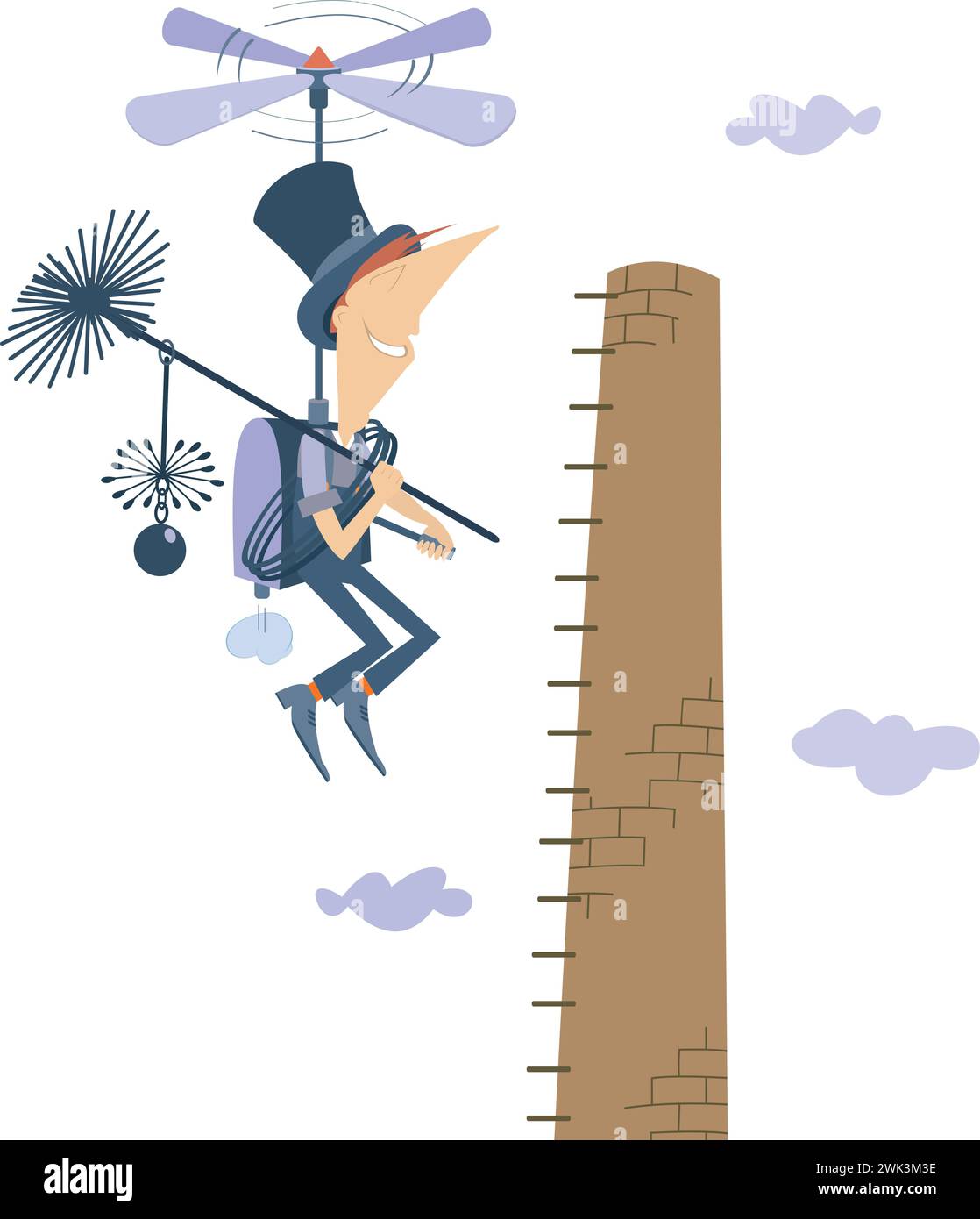 Cartoon flying chimney sweeper. Chimney sweeper, rope, chimney brush ...