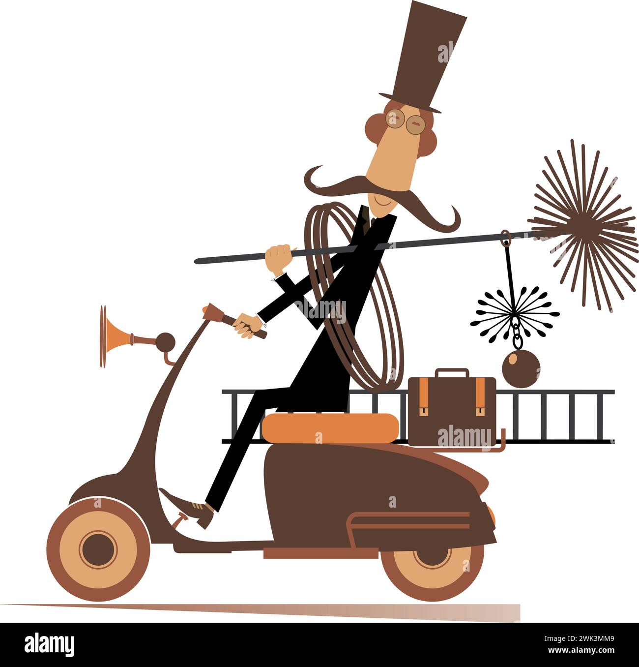 Cartoon chimney sweeper rides on the scooter. Chimney sweeper on the ...