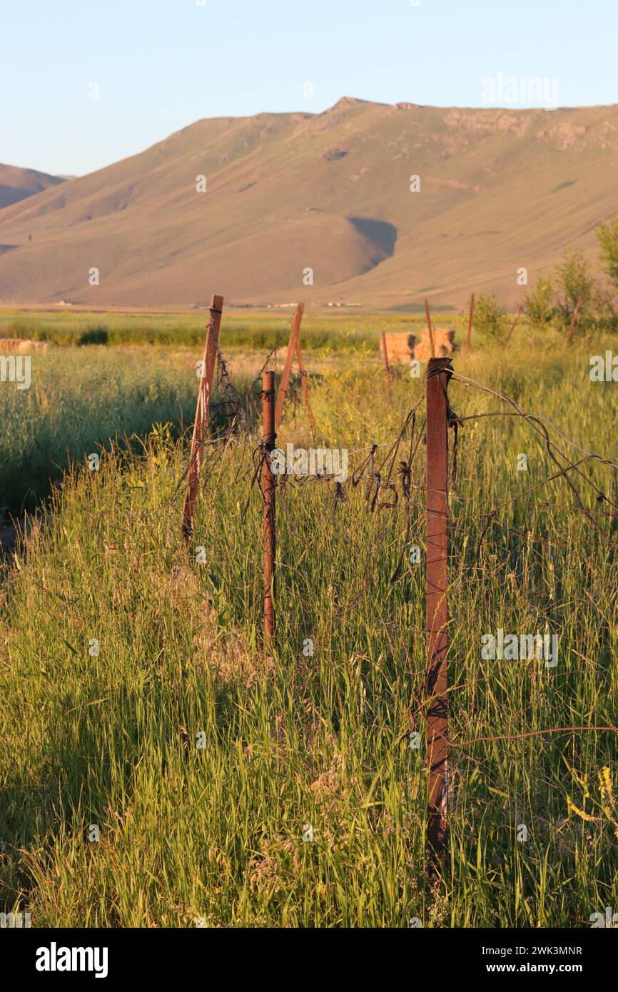 Warm sunset over a tranquil rural landscape with expansive fields and a ...