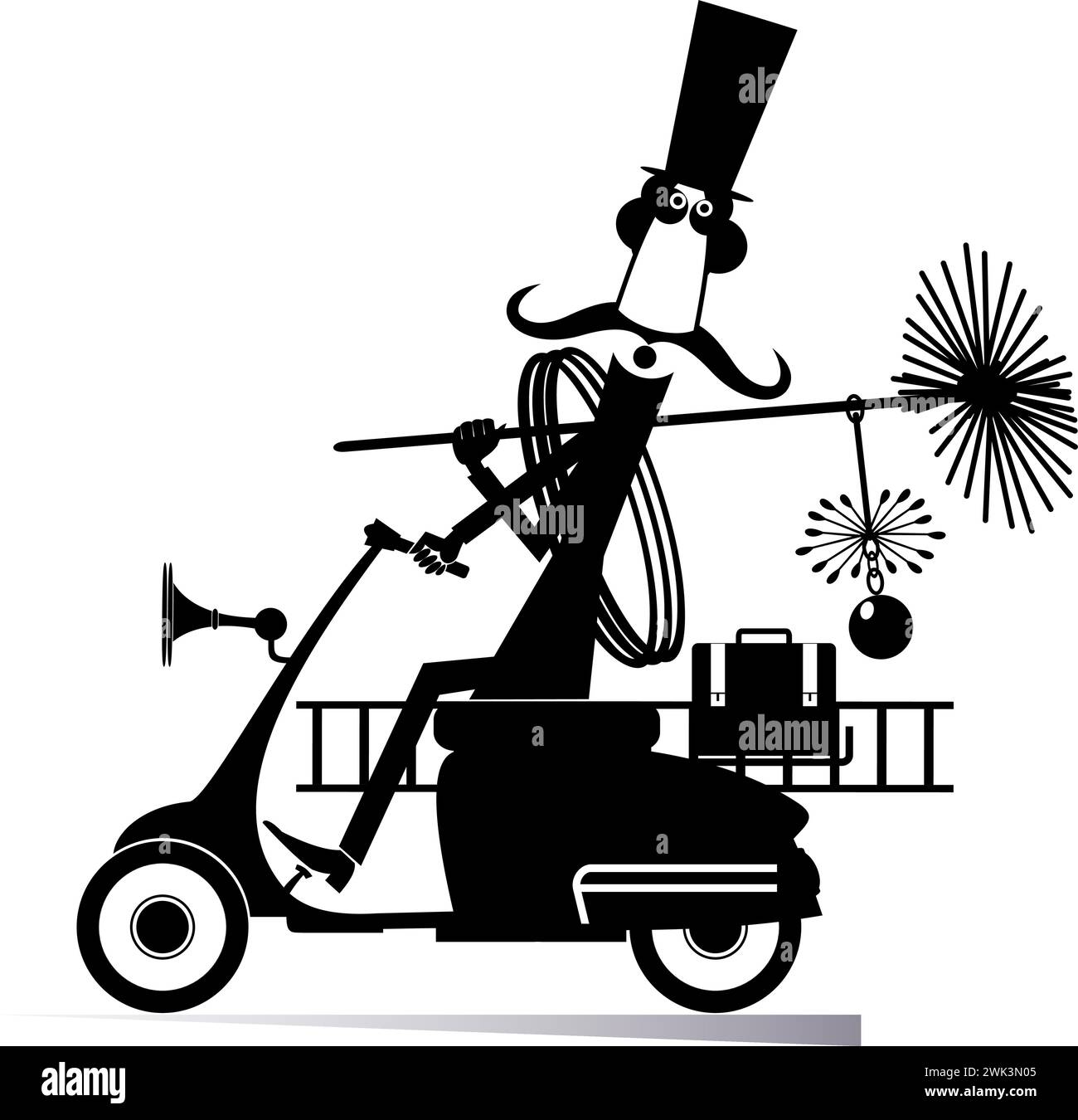 Cartoon chimney sweeper rides on the scooter. Chimney sweeper on the ...