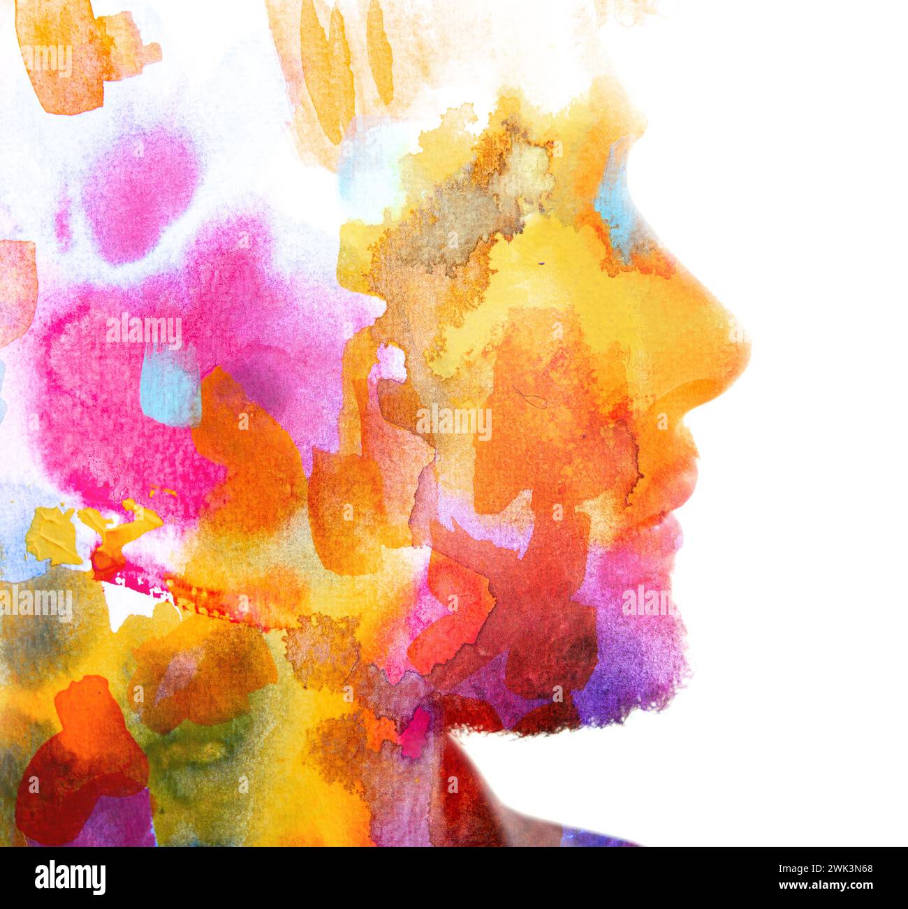 A colorful paintography male profile silhouette in double exposure ...