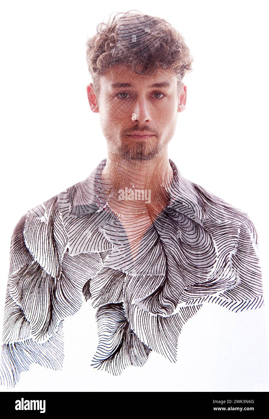 A graphical leafy full-front double exposure paintography male portrait ...