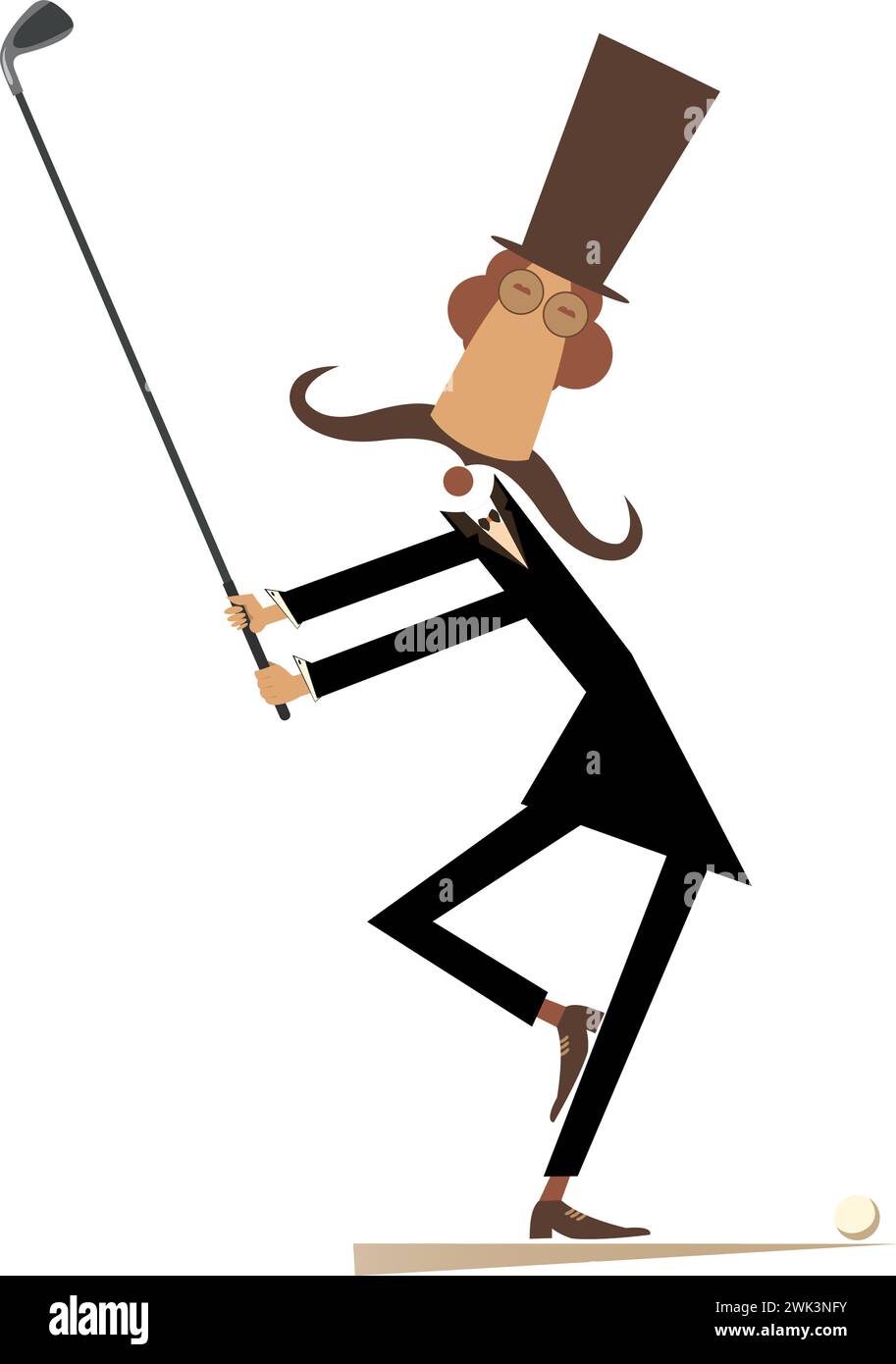 Cartoon man in the top hat plays golf illustration. Cartoon long ...