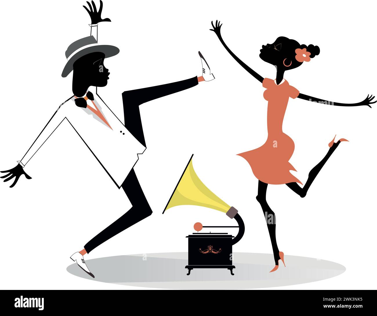 Happy dancing young African couple. Vintage record player and happyy ...