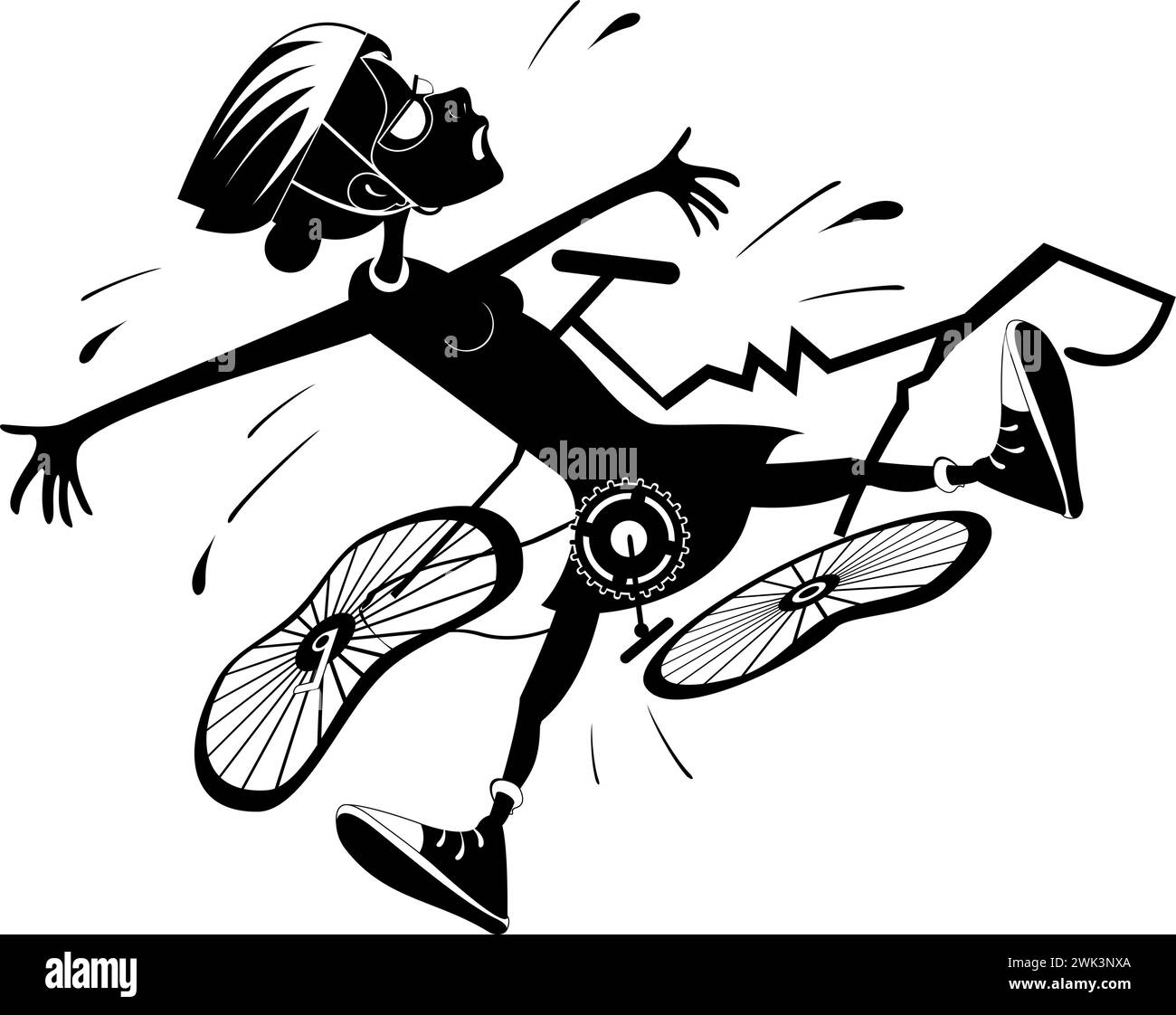 Cyclist woman falling down from the bicycle. Cyclist woman laying under ... Cyclist woman falling down from the bicycle. Cyclist woman laying under ...