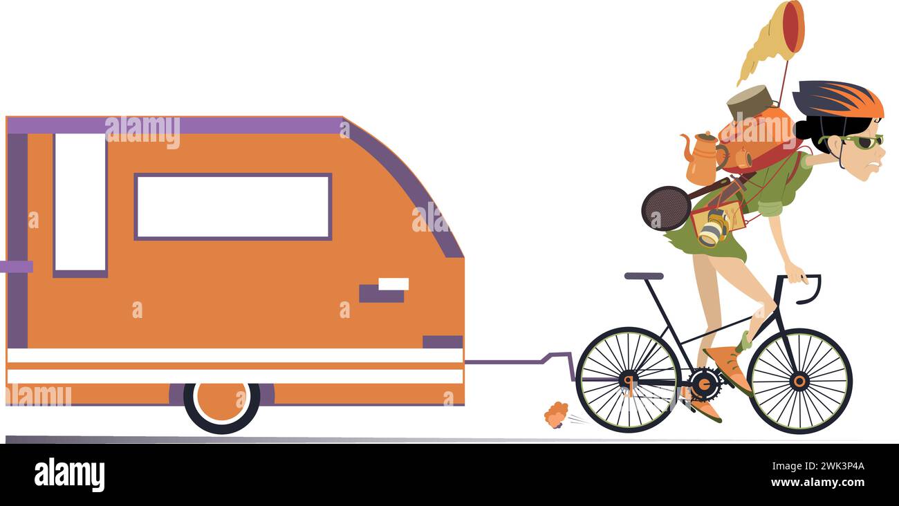Traveler woman. Bicycle. Camping trailer. Traveler young woman on the ...